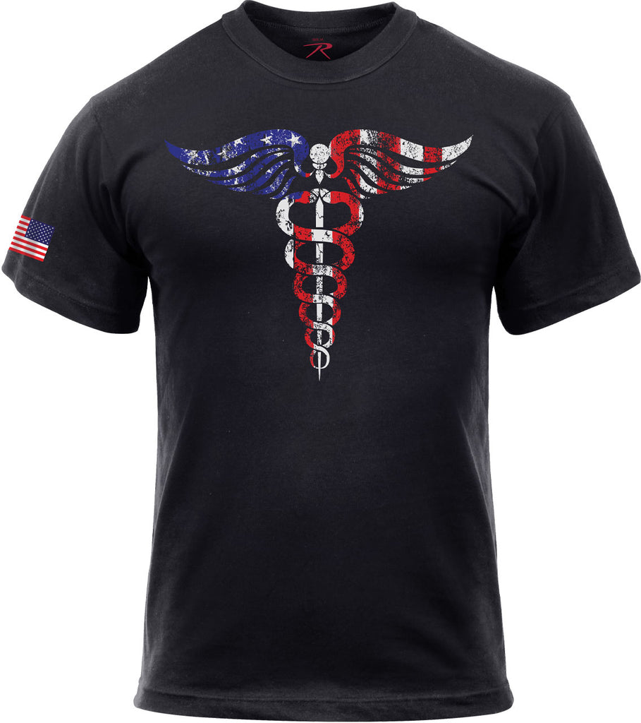 Black - Medical Symbol (Caduceus) USA Red White Blue Flag T-Shirt - Galaxy Army Navy